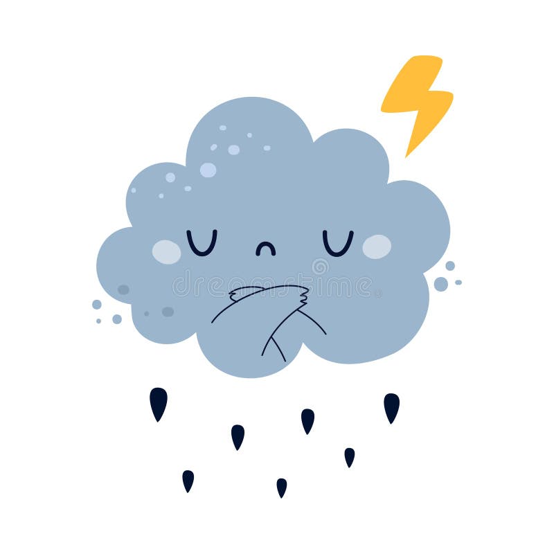 Blue Fluffy Cloud with Grumpy Face and Folded Arms Pouring Rain Drop ...
