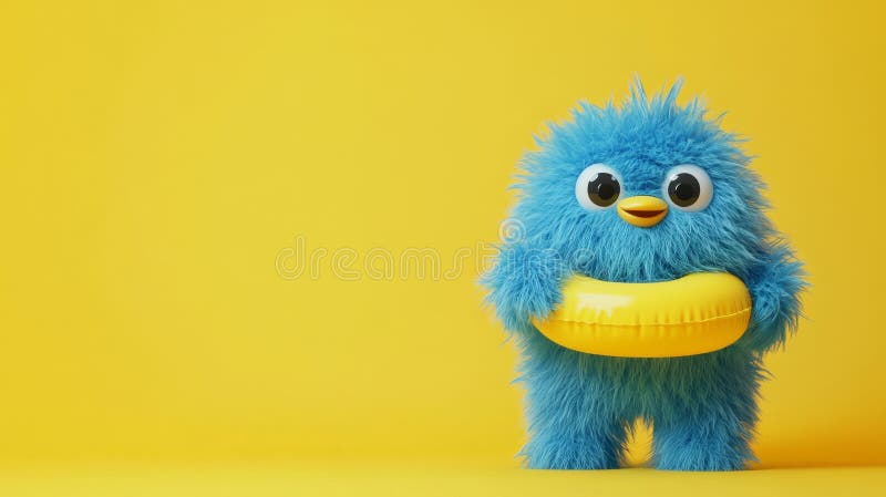 Blue Fluffy Creature with Yellow Inflatable Ring Stock Image - Image of ...