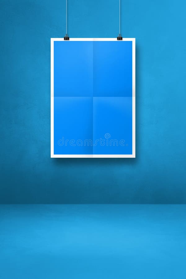 Blue Folded Poster Hanging on a Clean Wall with Clips Stock ...