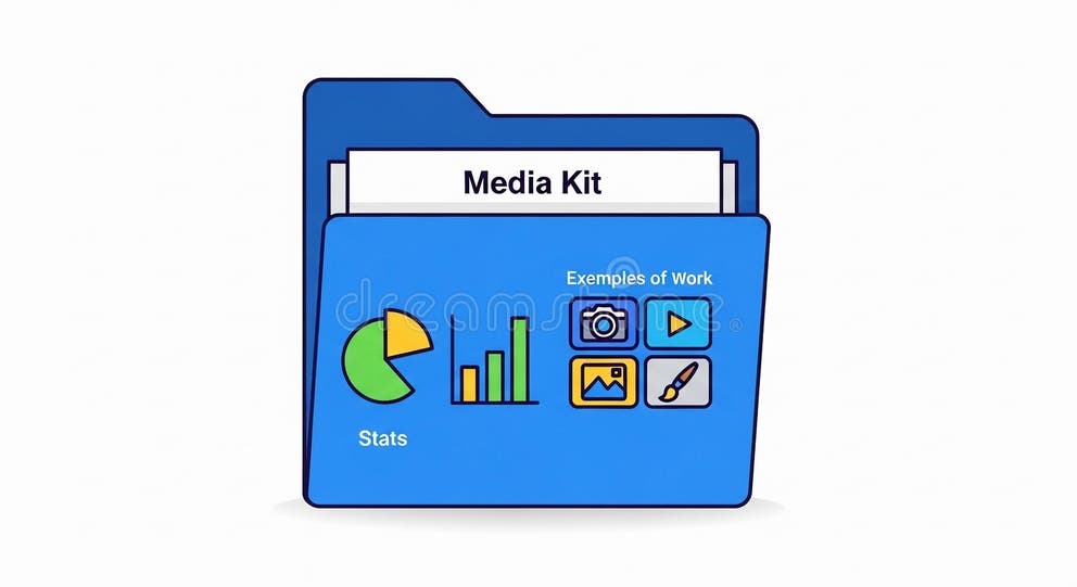 Blue Folder Icon with "Media Kit" Label, Displaying Stats and Examples ...
