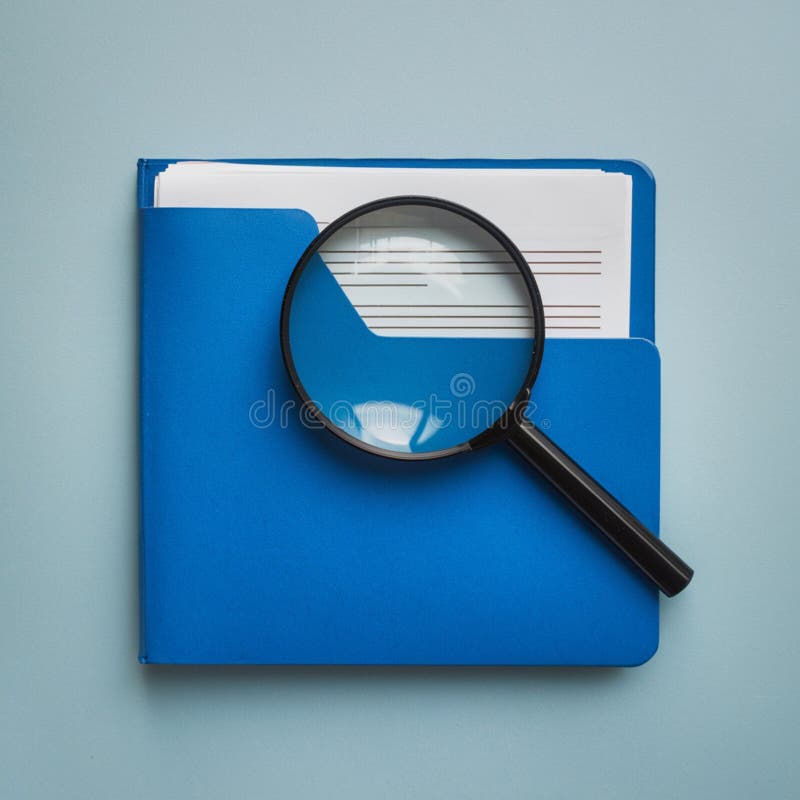 Blue Folder with Magnifying Glass Enlarging Document, on a Light Blue ...