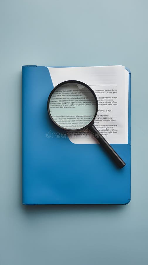 Blue Folder with Magnifying Glass Highlighting a Document, Professional ...