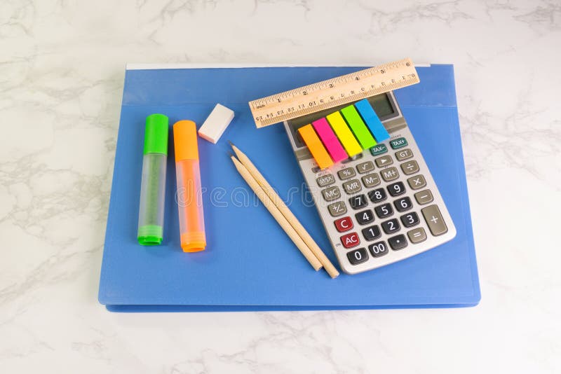 Blue Folder and Writing Equipment with Calculator, Highlighter, Pencil ...
