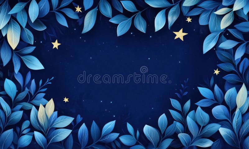 Blue Foliage and Stars Frame on Dark Background, Elegant Botanical ...