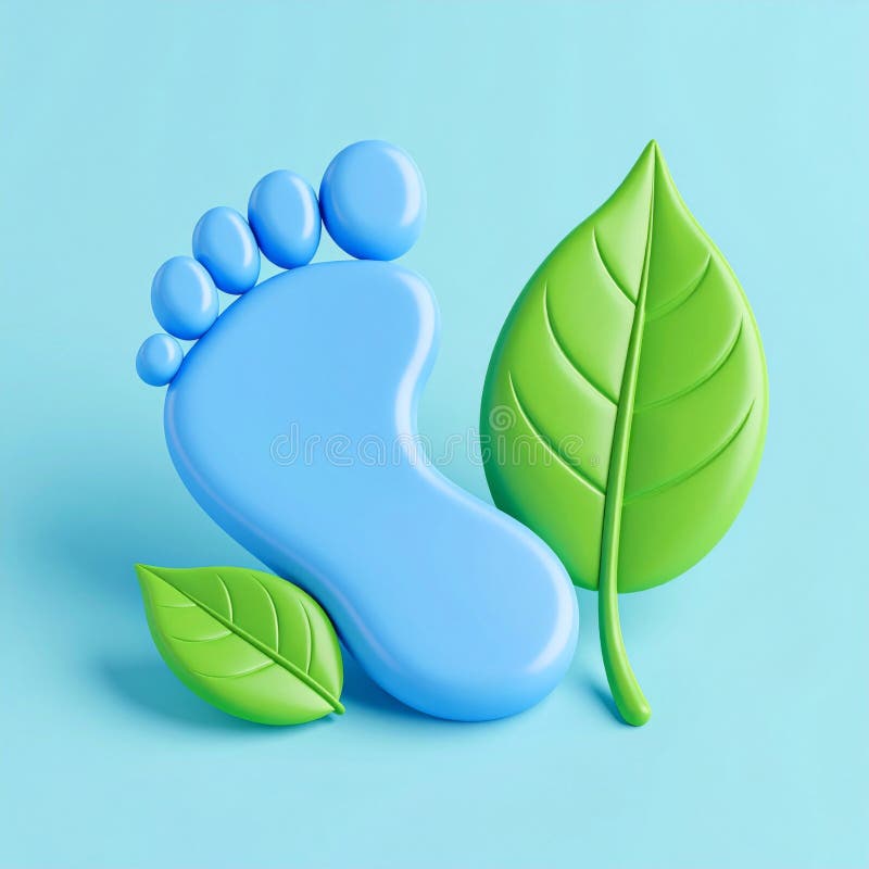 Blue Footprint and Green Leaves on Light Blue Background Stock ...