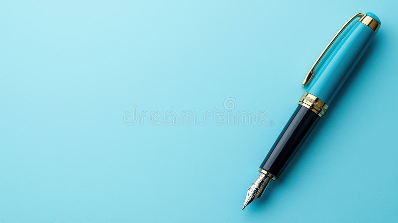 Blue Fountain Pen on Light Blue Background, Copy Space Stock ...