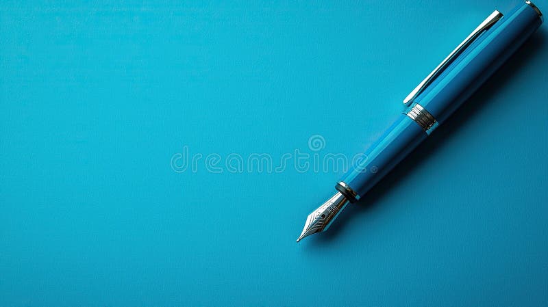 Blue Fountain Pen on Plain Blue Background, Copy Space Stock ...