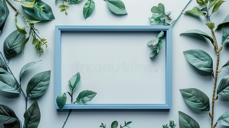 Blue Frame with Greenery on White Background Stock Image - Image of ...