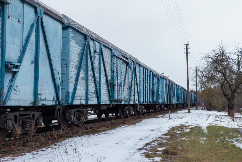 Blue Freight Train in Winter. Stock Image - Image of delivery, travel ...