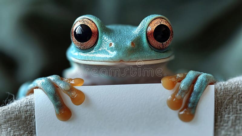 Blue Frog Holding Sign, Nature Background, Advertisement Stock ...