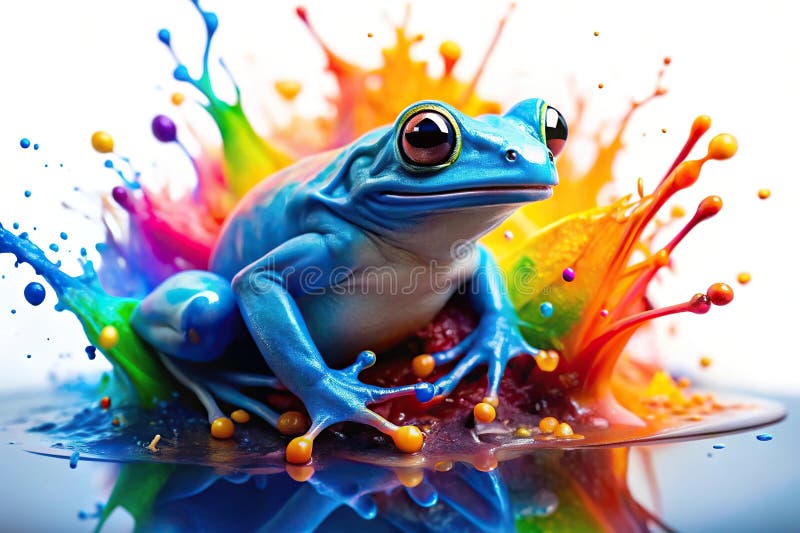 Vibrant Leap: Blue Frog in a Splash Explosion of Variegated Paint - Low ...