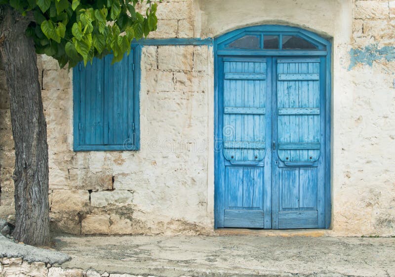 Blue Front Door with Window and Tree in Cyprus Stock Photo - Image of ...