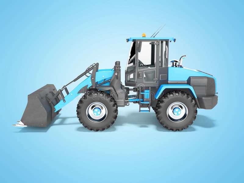 Blue Front Loader with Large Bucket on Wheeled Drive Left Side 3D ...