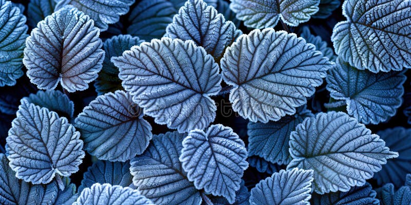 Blue Frosty Leaves Forming a Cold and Detailed Winter Visual Texture ...