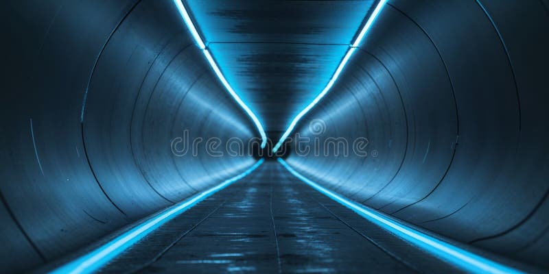 Blue Futuristic Neon Tunnel with Glowing Lights Stock Photo - Image of ...