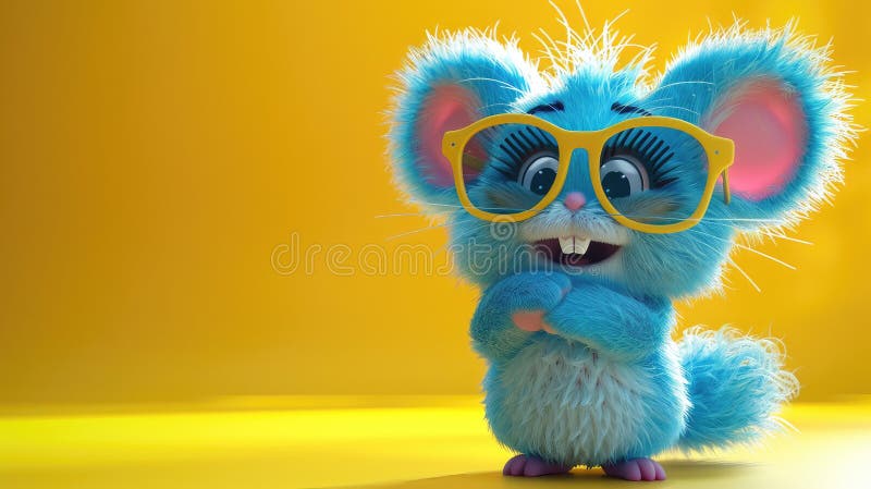 A Blue Fuzzy Creature with Big Eyes and Yellow Glasses. Stock ...
