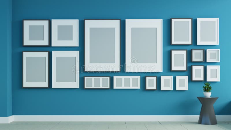 Blue Gallery Wall Interior for Decoration - 3D Rendering Stock ...