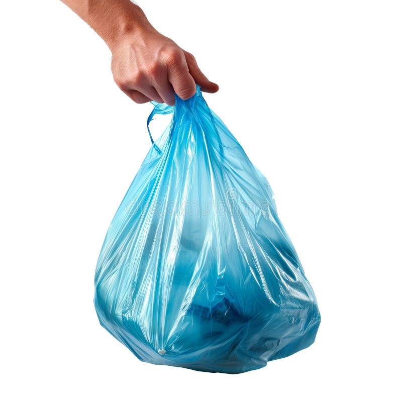 A Blue Garbage Bag in a Hand, Isolated Against a White or Transparent ...
