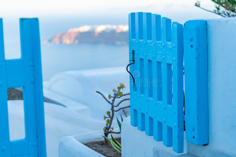Blue Gate in Tiered Greek Island Whitewashed Wall Stock Image - Image ...