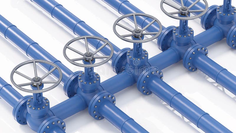 Blue Gate Valves Connected To the Pipeline. 3D Illustration Stock ...
