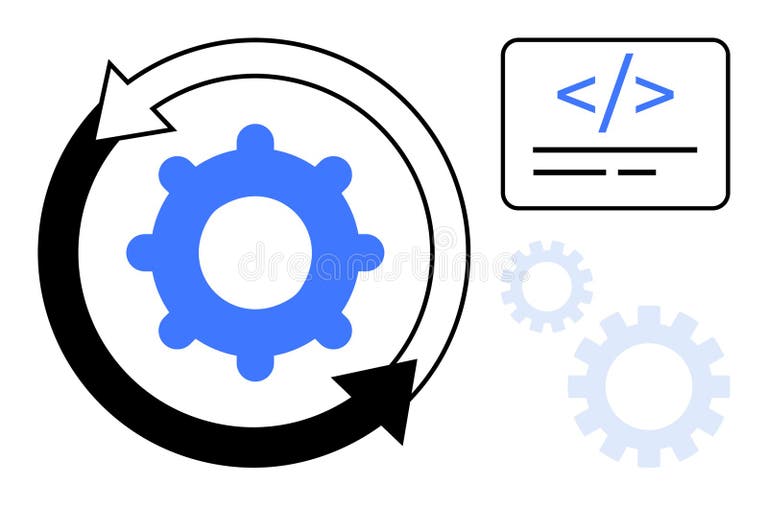 Gear with Circular Arrows and Coding Interface Representing Software ...