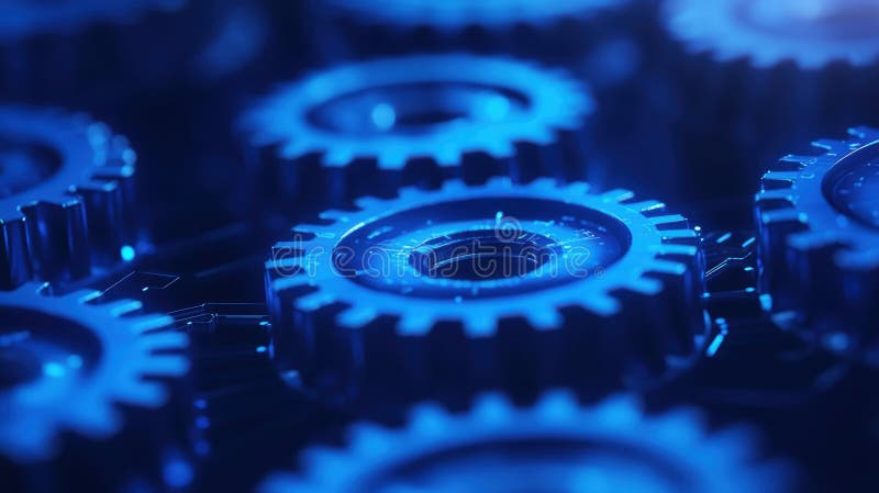 Blue Gear Mechanism with a Focus on Glowing Cogs in a High Tech ...