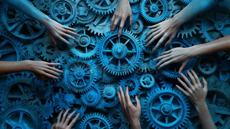 Blue Gear System Teamwork Collaboration Hands Mechanism Industry Stock ...