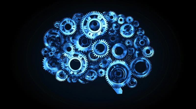 Blue Gears Forming a Human Brain on Black Background Stock Illustration ...