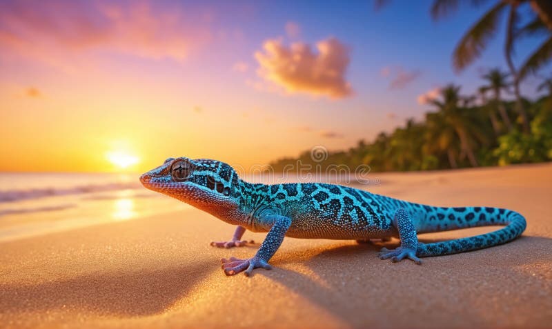 A Blue Gecko Basks in the Warm Glow of Sunset on a Tropical Beach Stock ...