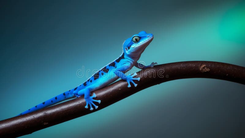 Blue Gecko on Dark Room Tree Branch with Blue and Green Lights. Stock ...
