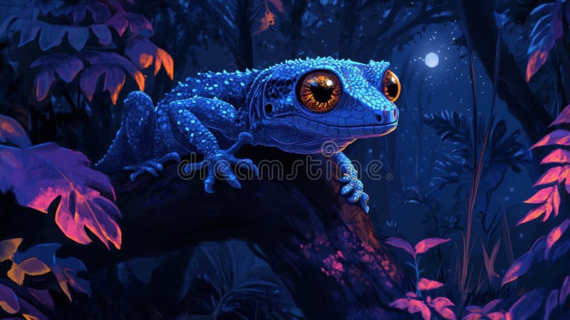 Blue Gecko in Dark Tropical Forest at Night Stock Illustration ...