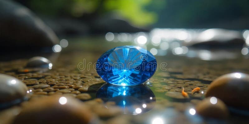 Blue Gem Sparkling in a Clear Stream Surrounded by Smooth Stones Under ...