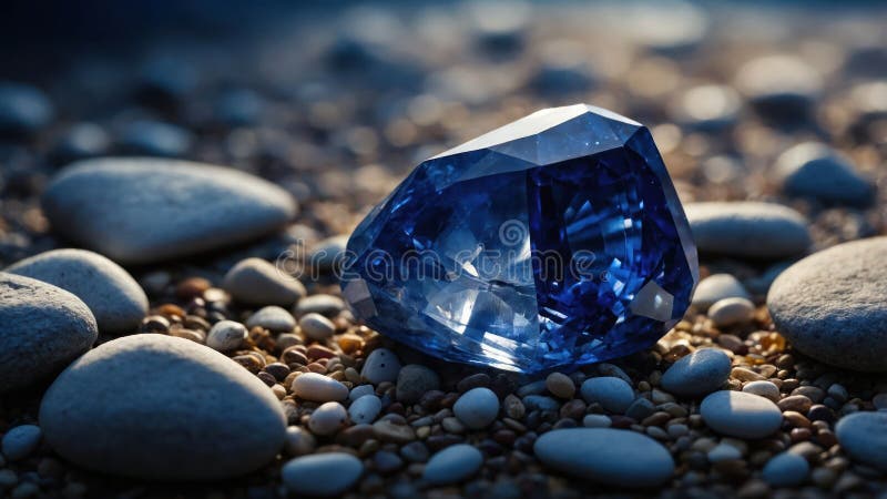 Luminous Blue Sapphire Gemstone on Pebble Beach at Sunset Stock ...