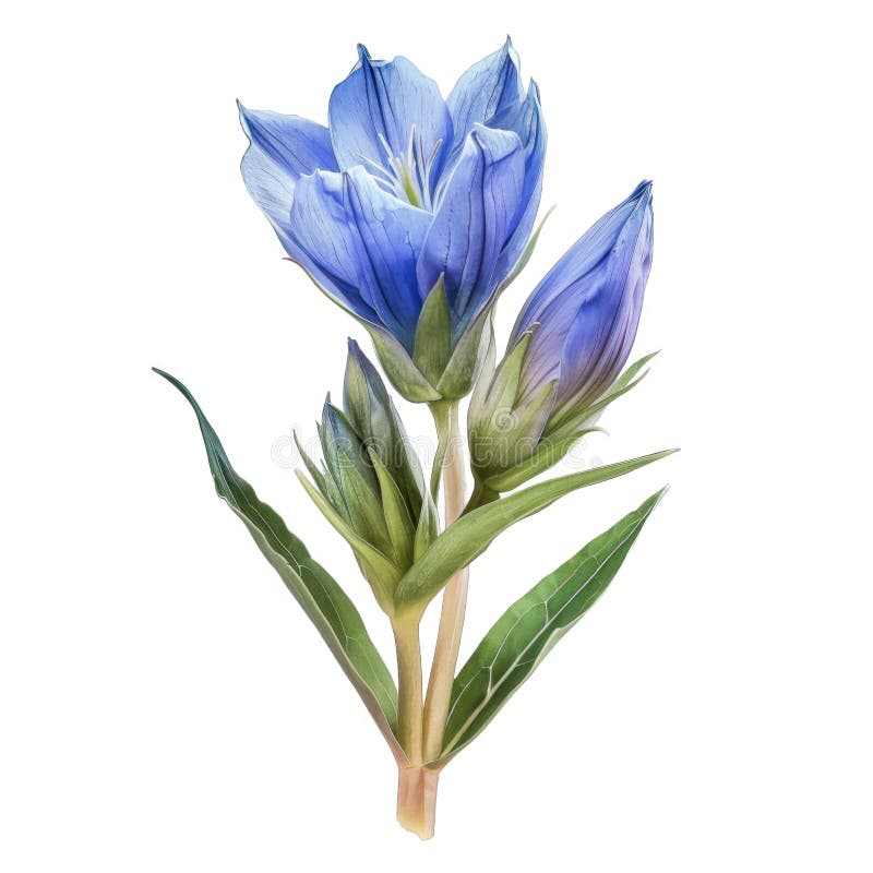 Blue Gentian Flower with Buds and Leaves Stock Image - Illustration of ...