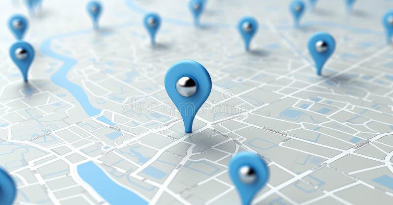 Blue Geolocation Marker on the Map in 3D Style. Navigation System Stock ...