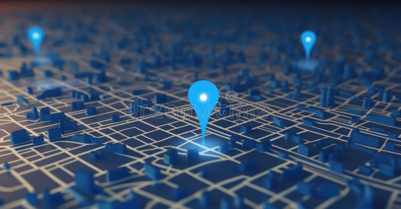 Blue Geolocation Marker on the Map in 3D Style. Navigation System Stock ...