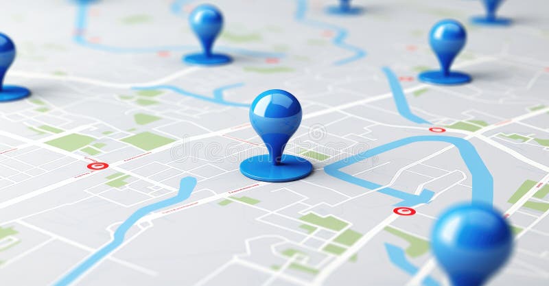 Blue Geolocation Marker on the Map in 3D Style. Navigation System Stock ...