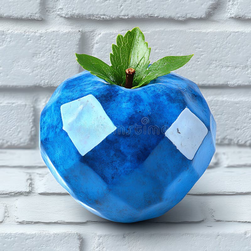 Blue Geometric Apple with Green Leaf on White Brick Background Unique ...