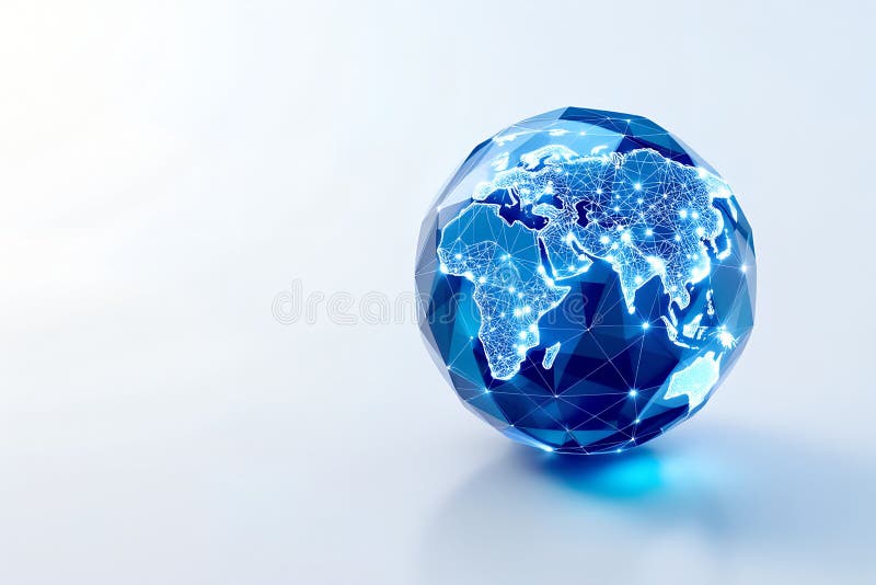 Blue Geometric Globe with Glowing Network Lines and Continents on White ...