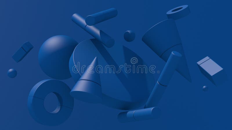 Blue Geometric Shapes. Spheres, Cylinders, Cones and Blocks Flying ...
