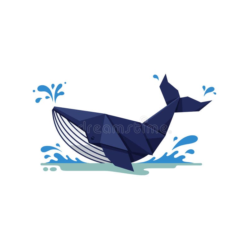 Blue Geometric Whale Splashing Water in Flat Minimal Ocean Design Style ...
