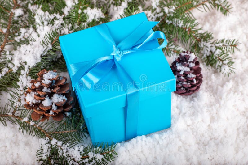 Blue Gift Box on Background of Snow Stock Image - Image of decorative ...