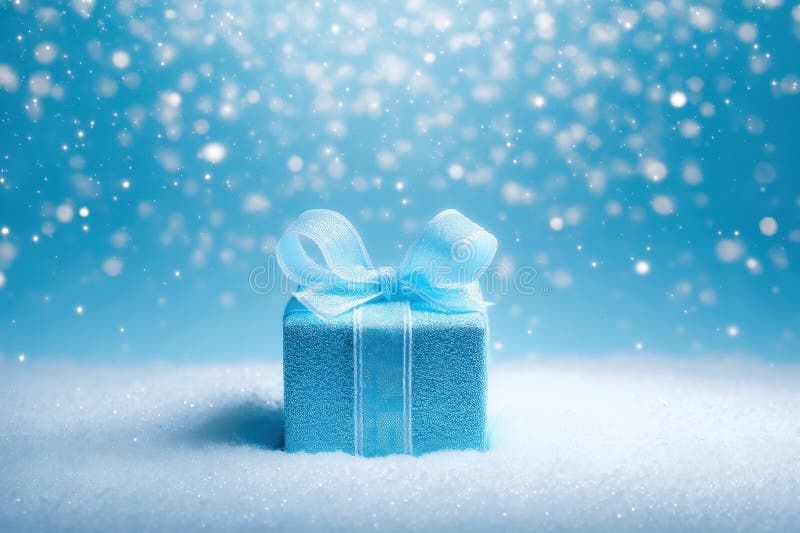 Blue Gift Box with Bow Resting on Fresh White Snow in Natural Outdoor ...