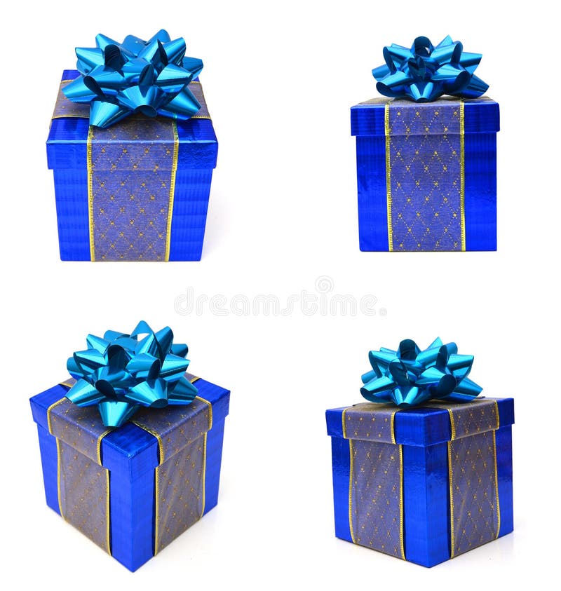 Blue Christmas Gift Box with Ribbon and Ornament Stock Photo - Image of ...