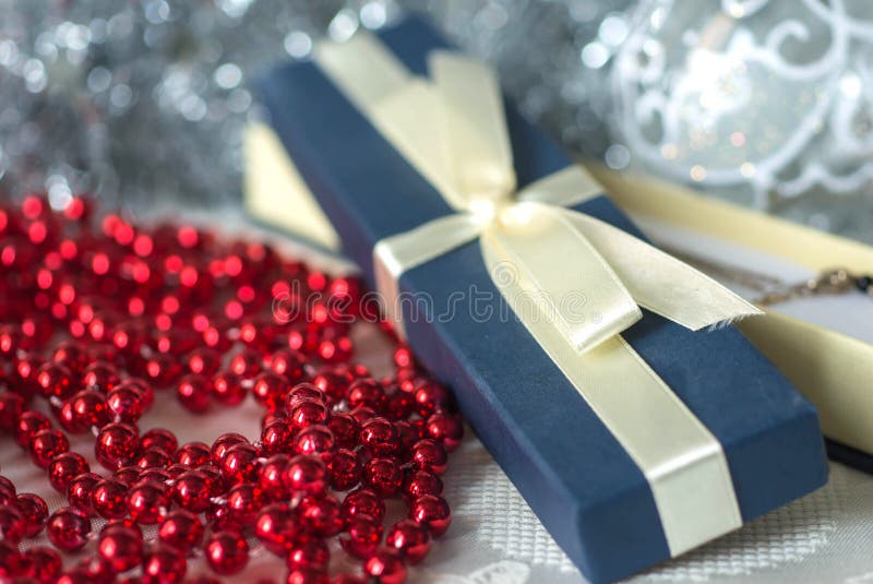 Blue Gift Box among Christmas Decorations Stock Photo - Image of ball ...