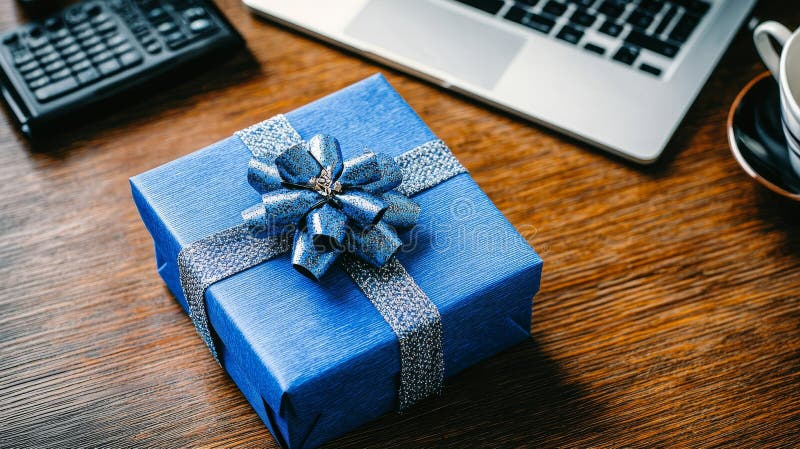 Blue Gift Box on Desk Composition, Laptop, Present, Office, Wood, Blue ...