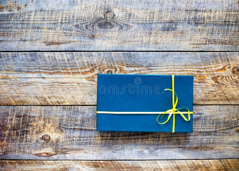 Blue Gift Box on Empty Wooden Table Stock Image - Image of birthday ...