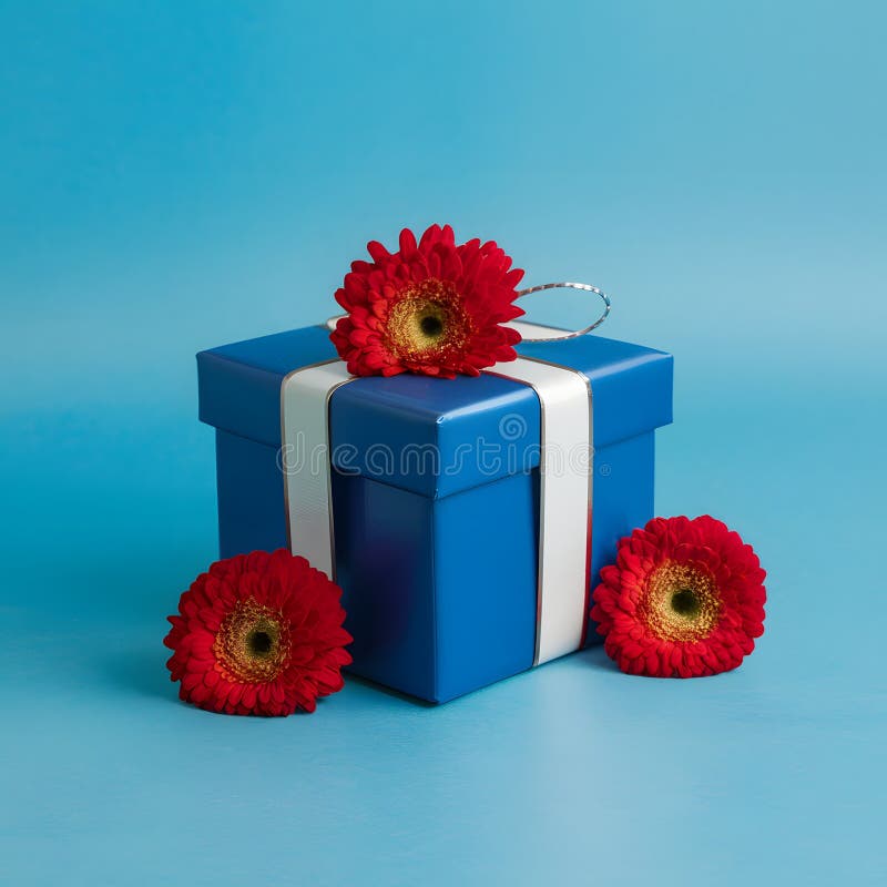 Blue Gift Box and Flowers on a Matching Blue Background Stock ...