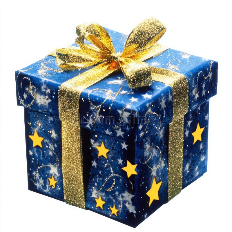 Blue Gift Box with Golden Ribbon and Star Pattern for Festive ...