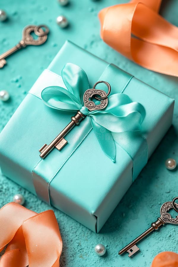 A Blue Gift Box with a Key on Top of it Stock Image - Image of ...